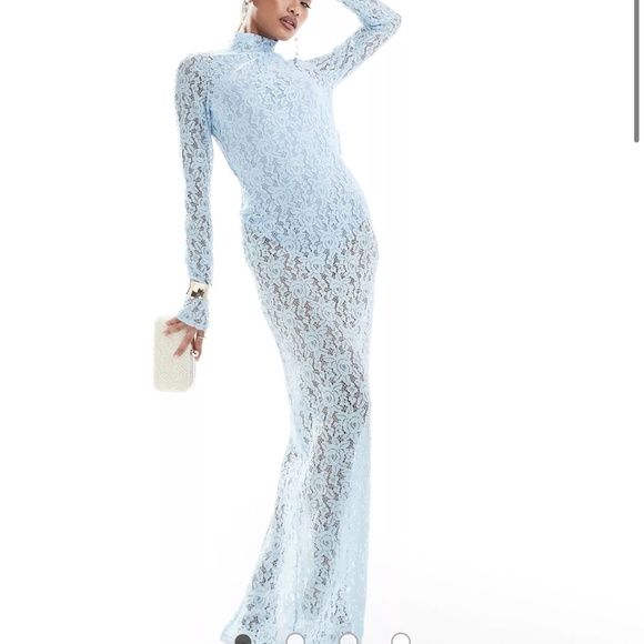 ASOS | Dresses | Asos Design Blue Lace Prom Wedding Guest Overlay Body Sheer Gown Maxi Dress Xs ...
